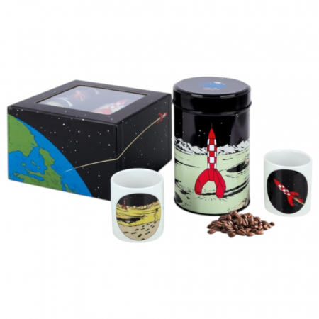 Coffret avec boîte en métal Tintin Lune, 2 tasses à expresso & Café Bio ...