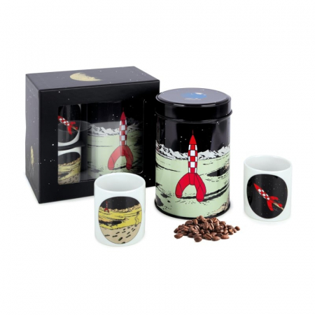 Coffret avec boîte en métal Tintin Lune, 2 tasses à expresso & Café Bio ...